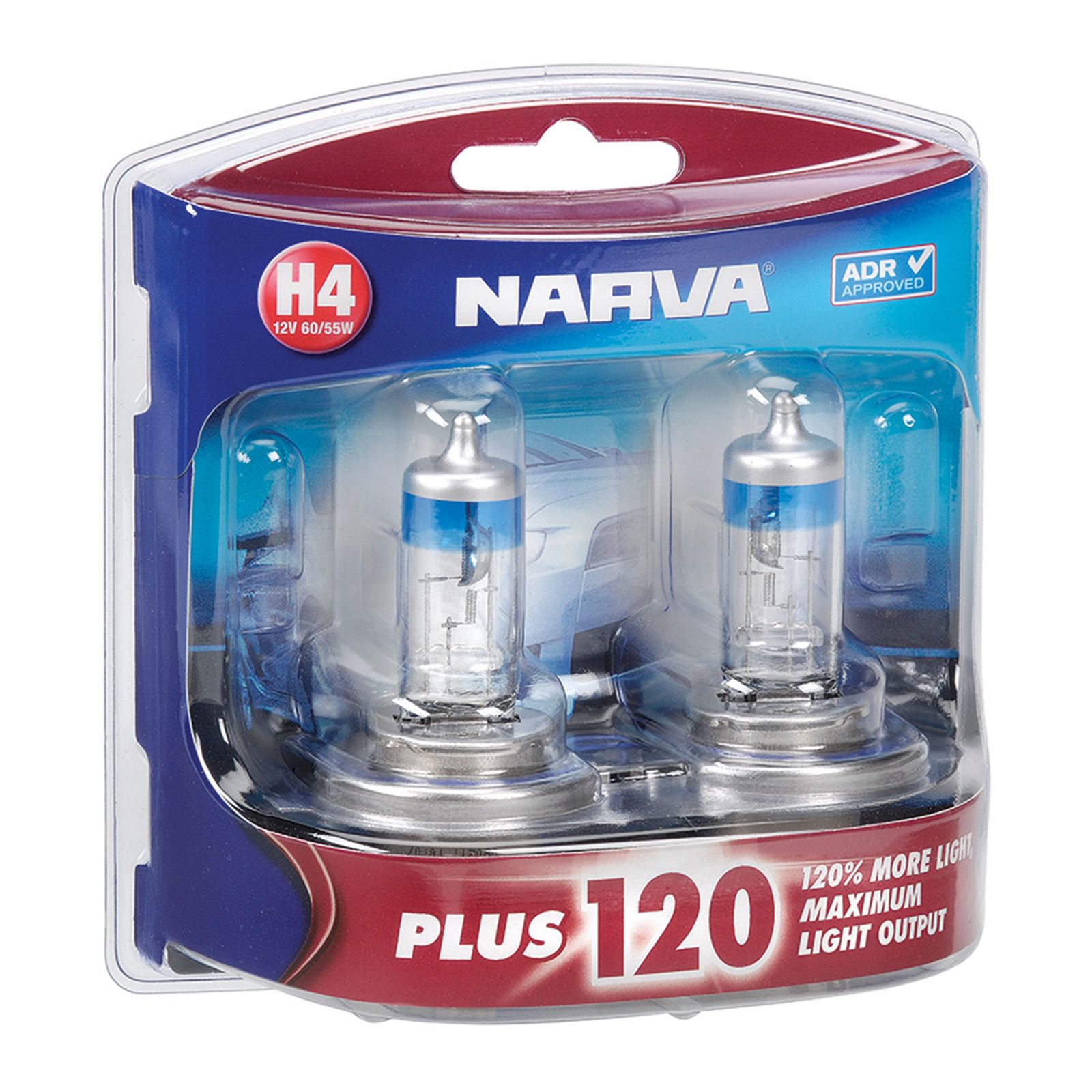 Narva | 12V H4 60/55W PLUS 120 HALOGEN HEADLIGHT GLOBES (Blister pack of 2)